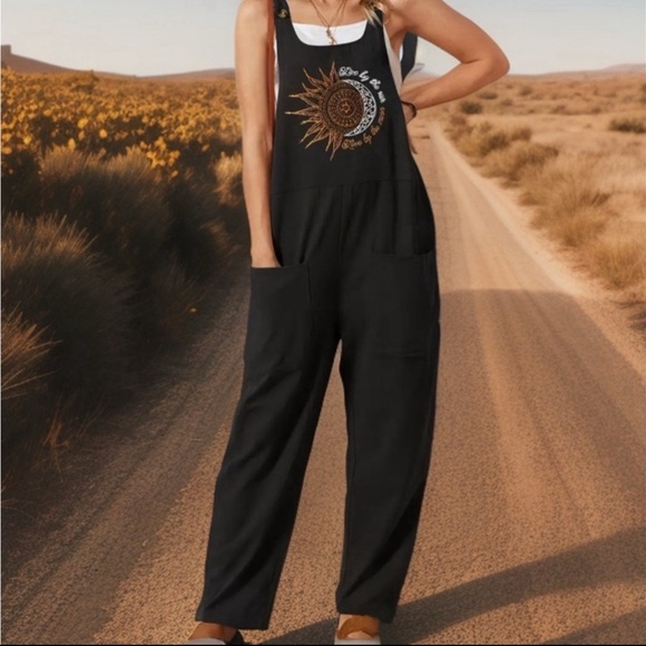 Pants & Jumpsuits | Bohemian Black Celestial Sun Embroidered Cotton ...